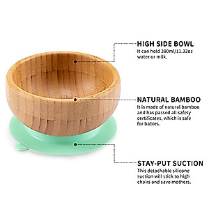 Baby Bamboo Suction Plate, Bowl and Spoon set - Wooden Feeding Set for Toddler 1-3 Year Old - Silicone Suction Sticks to Most High Chairs for Non Slip & Silicone Spoon Tips with Wood Handle - BPA Free