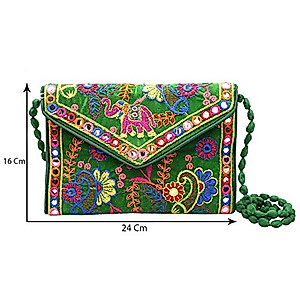 Green Clutch Bags for Women - Rajasthani Hand Embroidered Mini Crossbody Bag Women's Cluches for Wedding Party Gifts