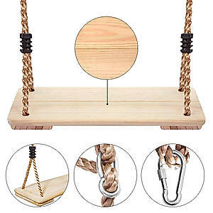 Wooden Tree Swing Set, Wooden Swing Seat with 2 Carabiners, 2 Strengthen Straps and Adjustable Rope for Kids Indoor Outdoor, 17.7'' x 7.5'' x 1.2''