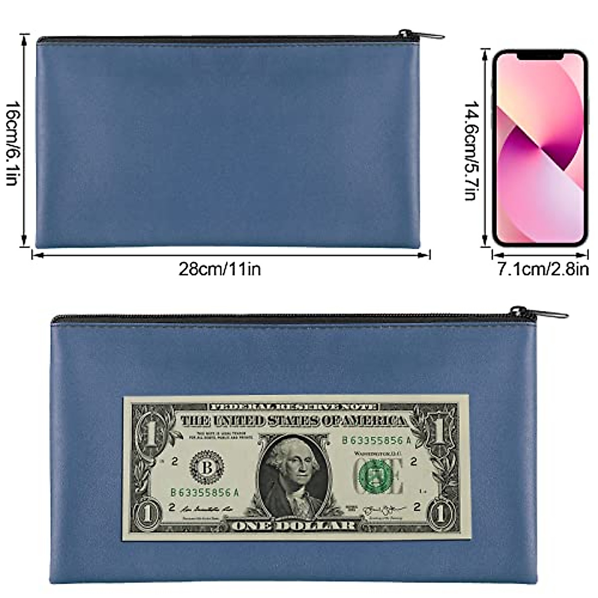 4 Pieces Money Bags With Zipper , 11x6.1 inch Money Pouch, Bank Bag, Cash Bag , Check Wallet, Cosmetics(navy)