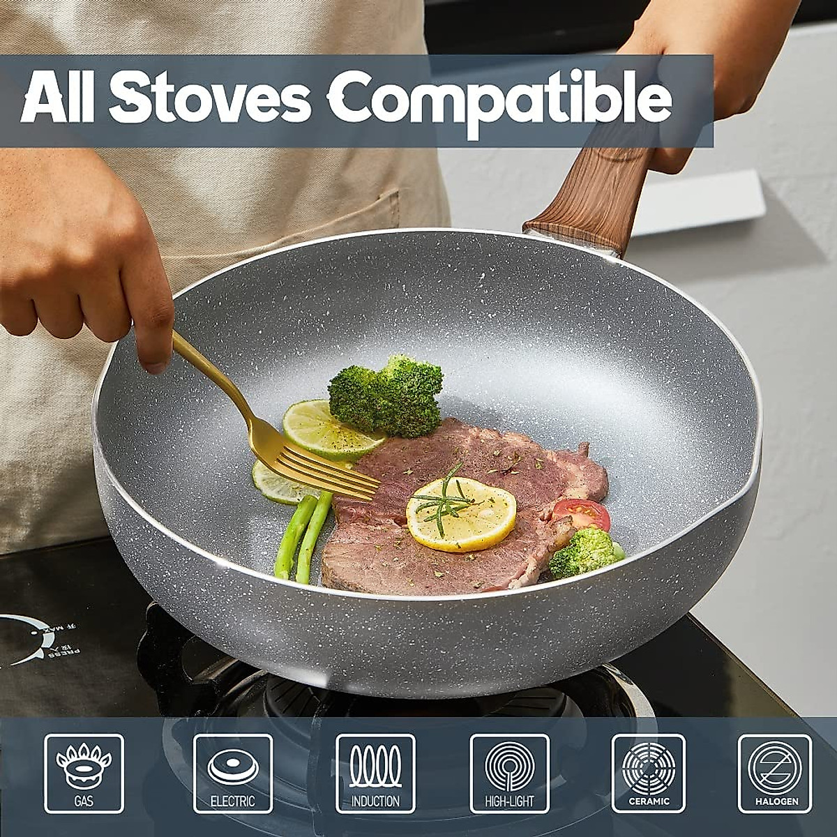 Cyrret Nonstick Deep Frying Pan Skillet with Lid, 11 Inch/ 5Qt Granite Coating Saute Pan, Non Stick Fry Pan for Cooking with Bakelite Handle, Induction Compatible, Dishwasher and Oven Safe, PFOA Free