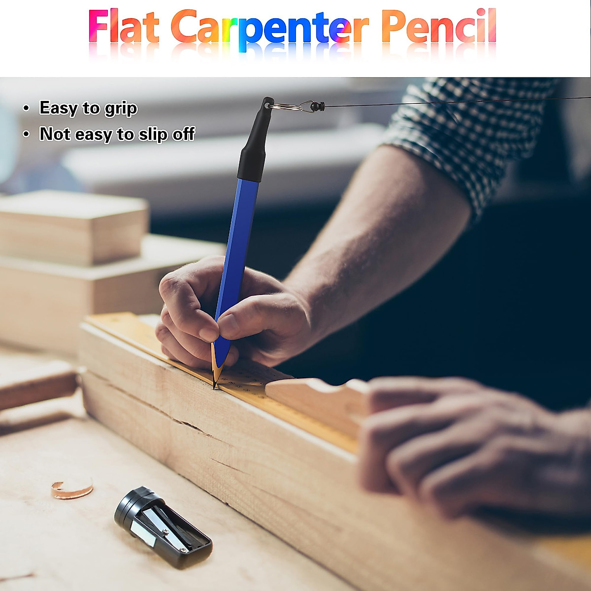 14 Pieces Carpenter Pencil, 7 Inches Flat Octagonal Hard Black Carpenter Marking Pencils with Pencil Sharpener and Silicone Heavy Duty Retractable Pen Holder for Woodworking Marking Tool