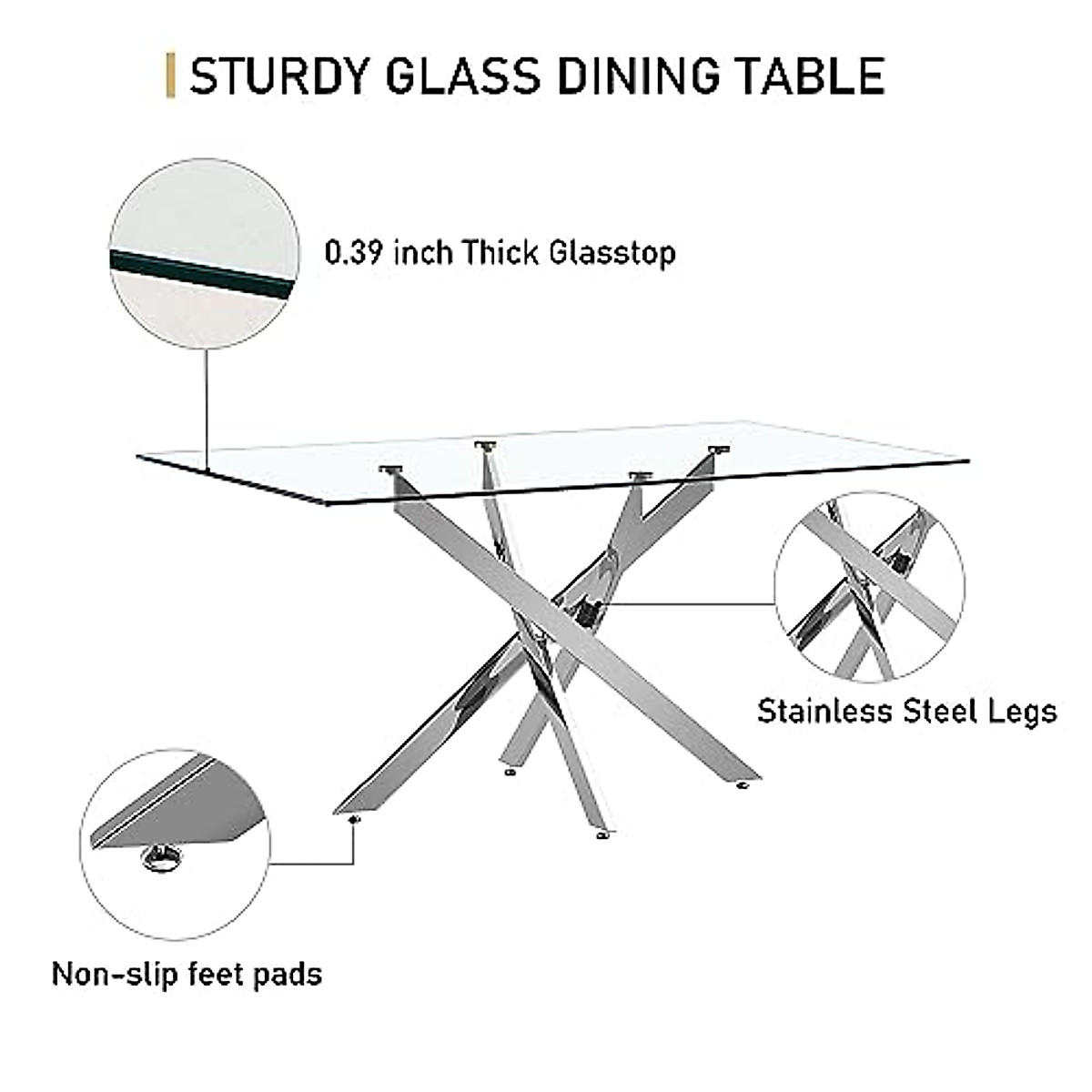 63" Glass Dining Table for 6, Rectangular Glass Dining Room Table with 0.39" Tempered Glasstop & Silver Stainless Steel Pedestal Base, Modern Dining Table for Kitchen Dining Living Room