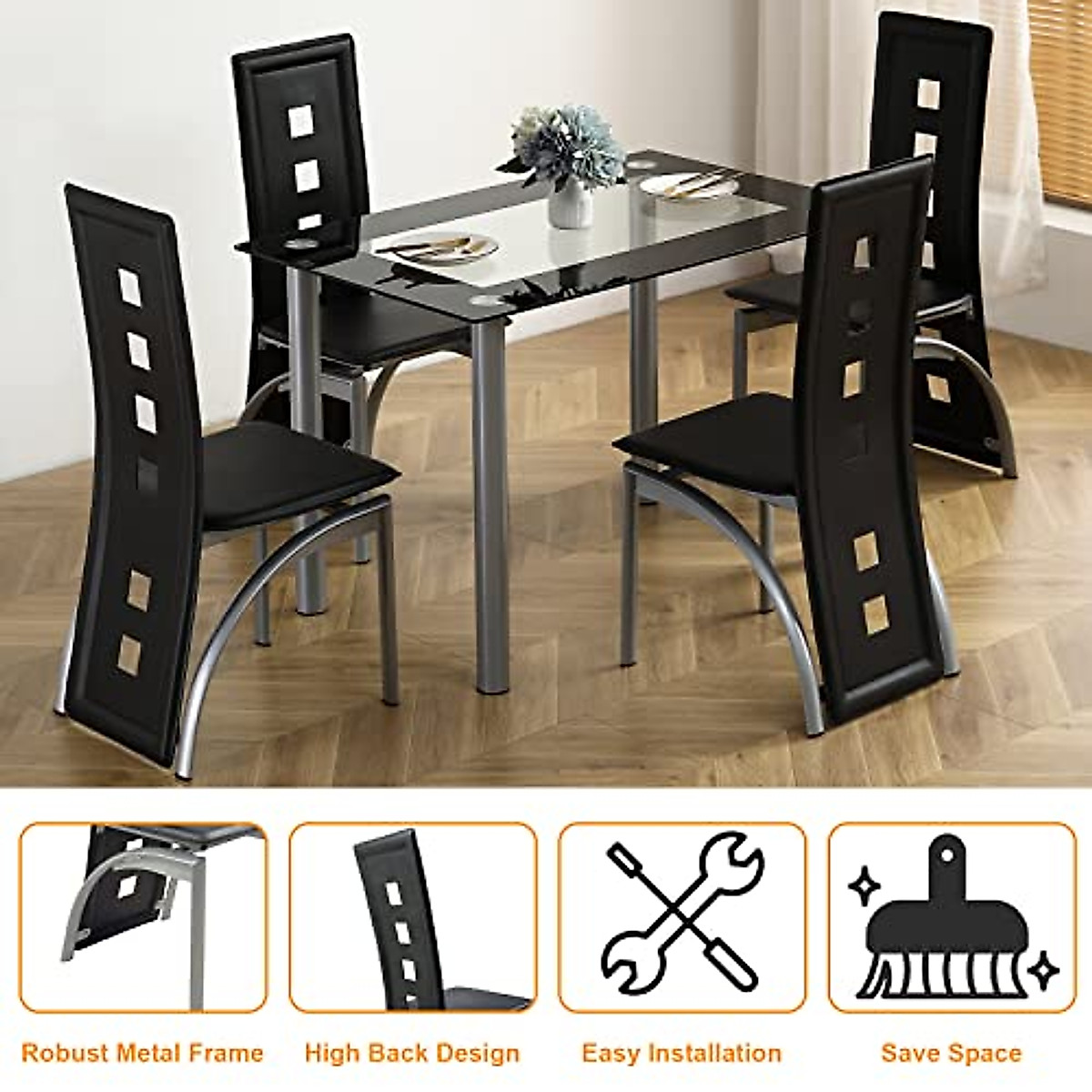 HomVent Dining Table Set for 4, Small Tempered Glass Dining Room Table Set, Kitchen Table and Chairs for Small Spaces, Transparent,White Modern 110cm, Stainless Steel PU Leather (Transparent & Black)