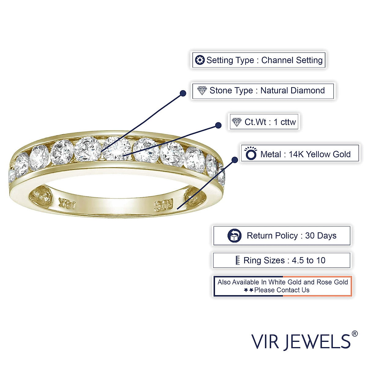 Vir Jewels 1 cttw Diamond Wedding Anniversary Band for Women Half Eternity Diamond Engagement Ring 14K Yellow Gold Channel Set Size 7.5
