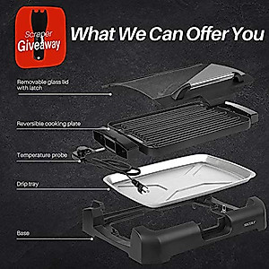 Secura Smokeless Indoor Grill 1800-Watt Electric Griddle with Reversible 2 in 1 Grill and Griddle Plates Plate, Glass Lid, Extra Large Drip Tray (Dishwasher Safe)