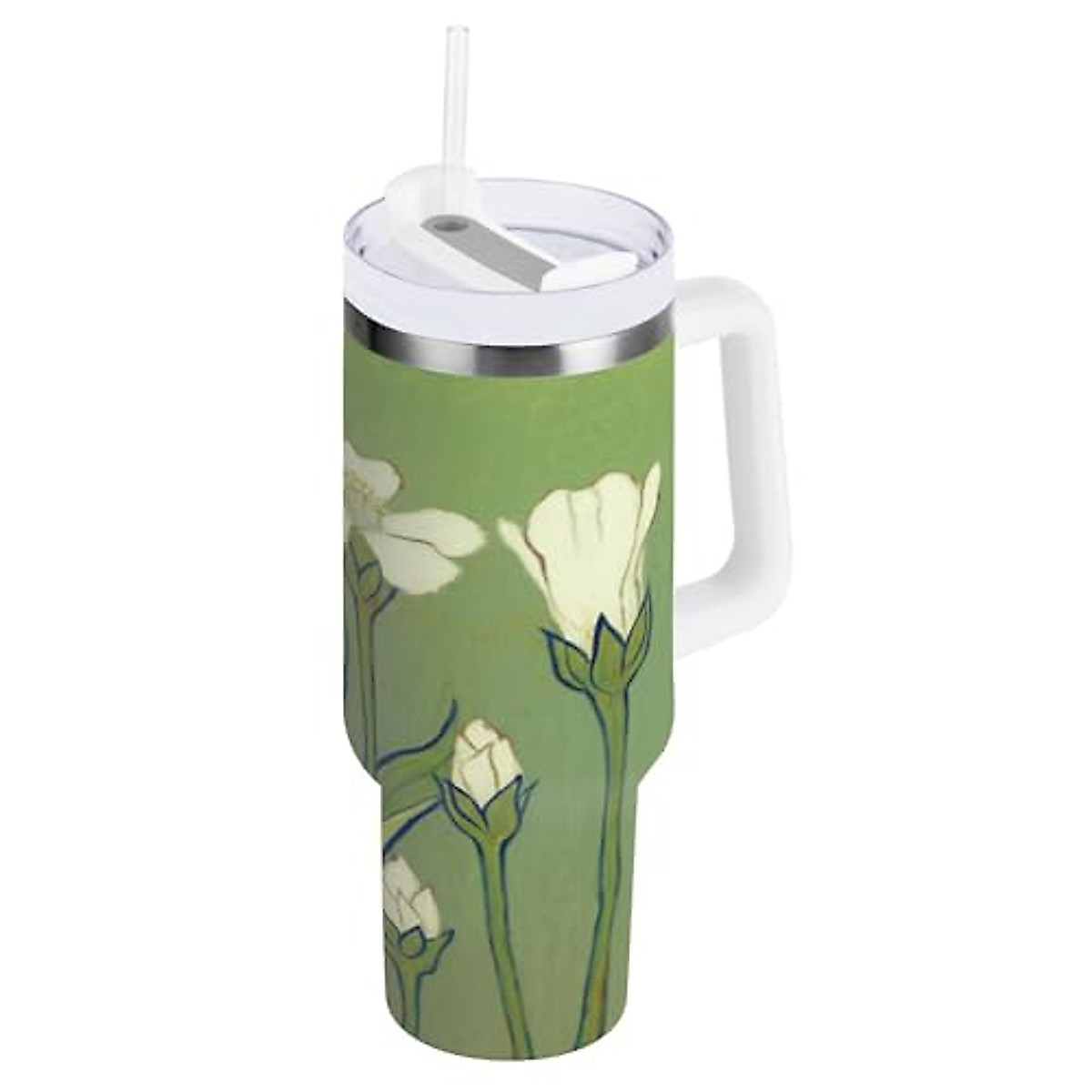 RPLIFE White Flowers Green 40 Oz Tumbler, Stainless Steel Cups with Lid, Tumblers for Women