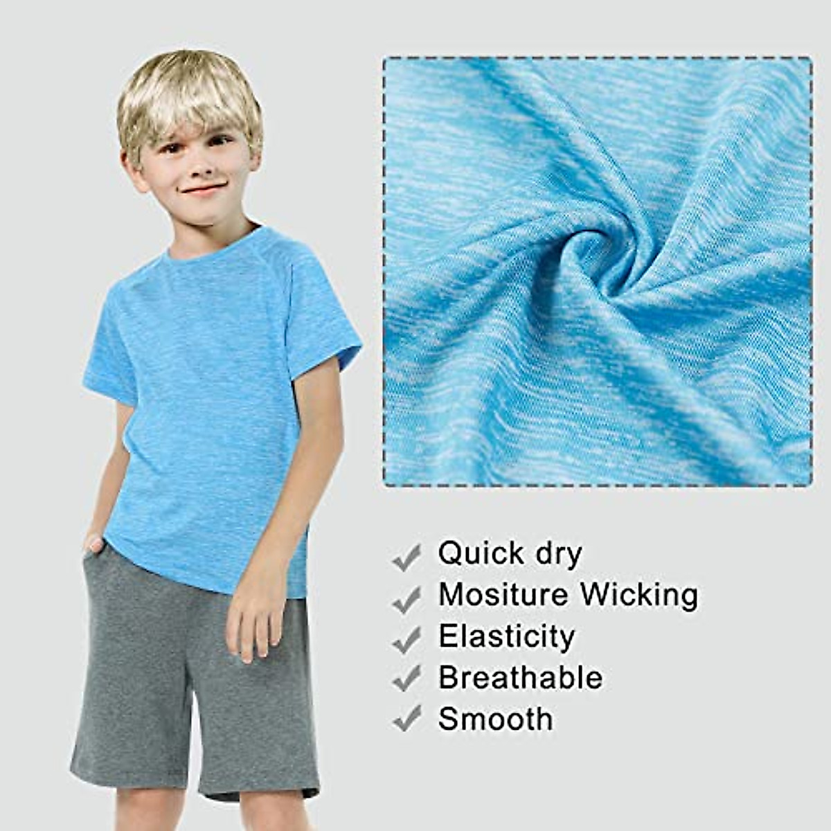 AMERICLOUD Boy's Quick Dry Short-Sleeve T-Shirts Active T Shirts for Boys 3-12 Years Old (Blue-L)