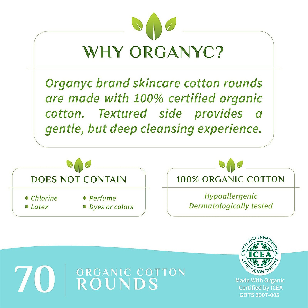 Organyc 100% Organic Cotton Rounds - Biodegradable Cotton, Chemical Free, For Sensitive Skin (70 Count) - Daily Cosmetics. Beauty and Personal Care