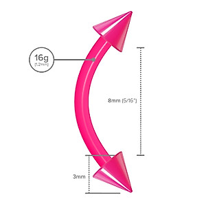 Evonix 2pc 16g Pink Dental-Grade Acrylic Curved Barbell 3mm Spike Eyebrow Belly Bar Lip Tragus Ring Piercing Jewelry - 8mm