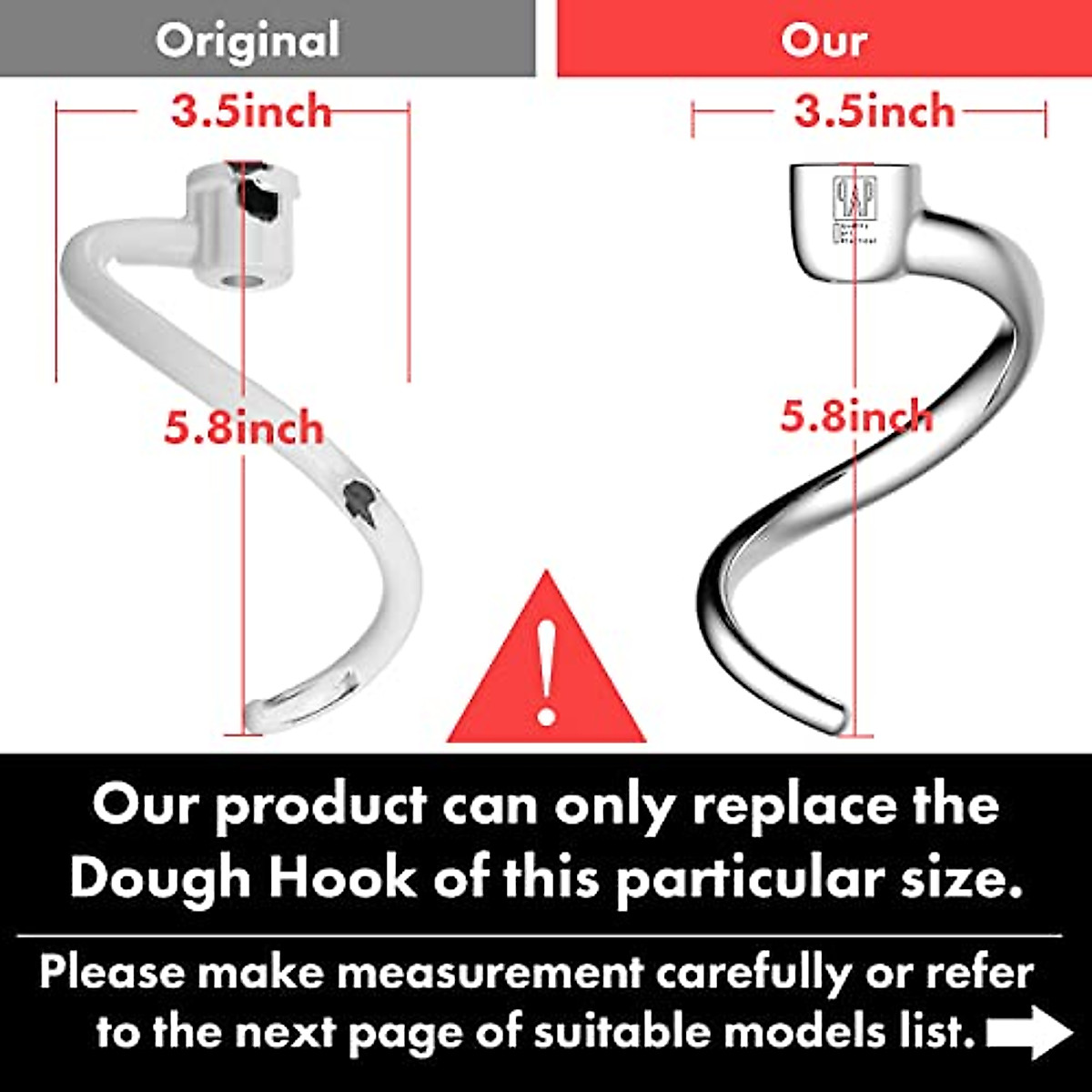 Stainless Steel Spiral Dough Hook Replacement for KitchenAid 4.5QT & 5QT Bowl Tilt-Head Stand Mixers, Rustproof & Easy Clean, Efficient Kneading for Bread, Pizza, Pasta, Cookies