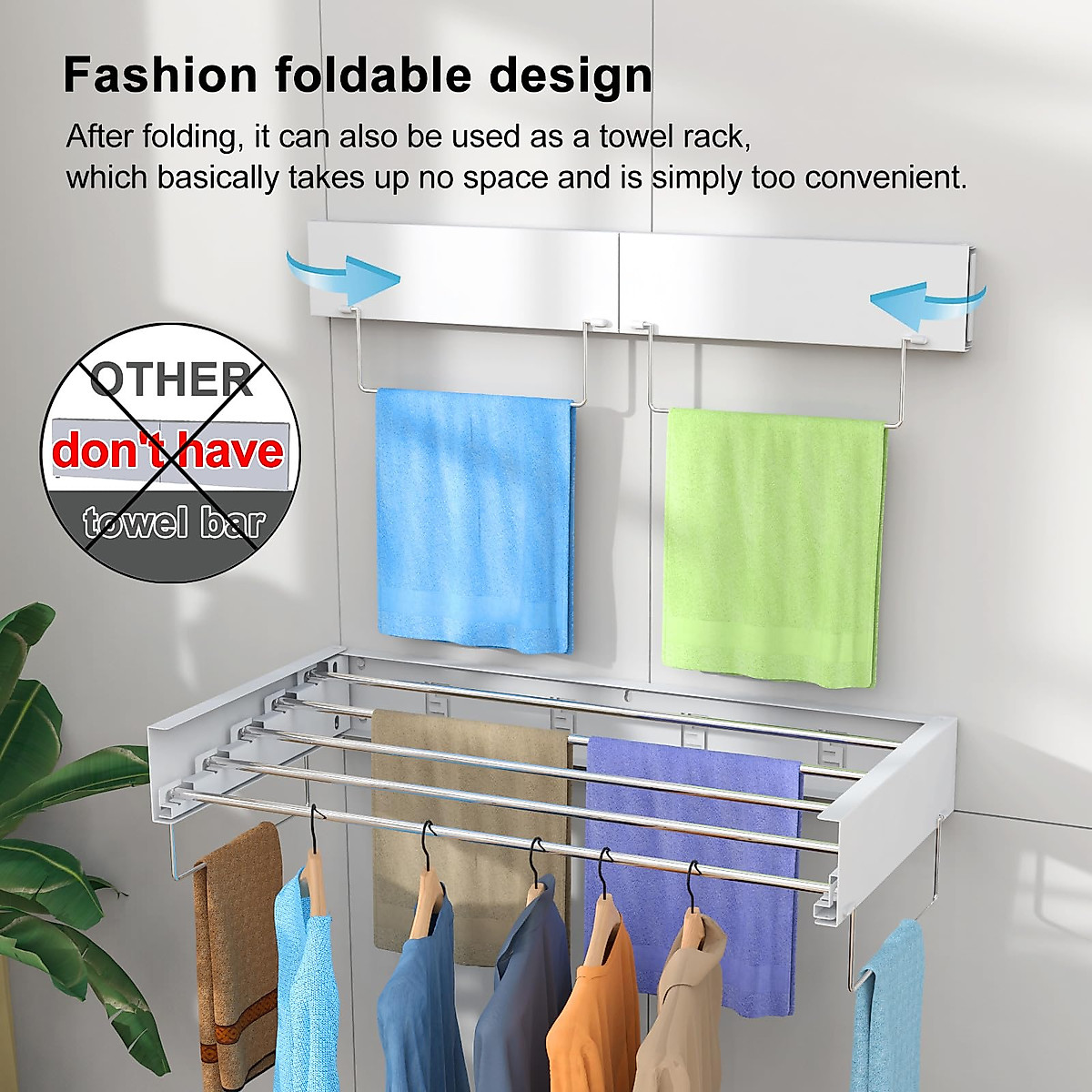 Gorblos Wall Mounted Drying Rack, Foldable Laundry Rack, Collapsible Drying Rack, 5 Stainless Rods, Wall Mounted Clothing Rod with 2 Towel Bar, 90 lb Capacity, 31.5" White