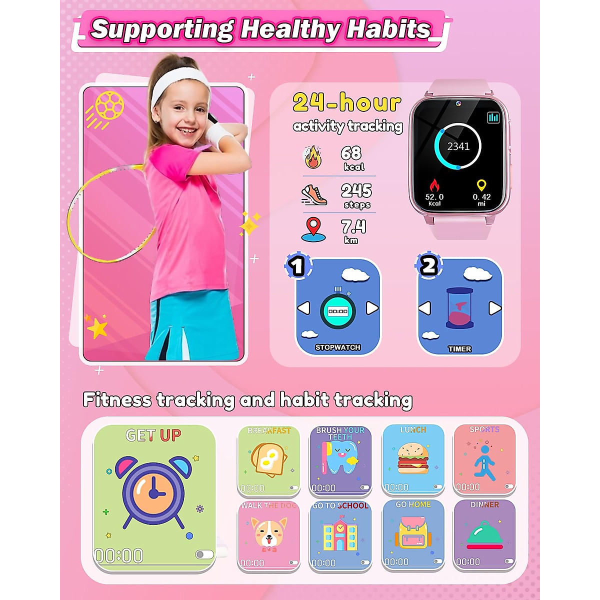 Sueseip Kids Smart Watches Girls Toys Age 6-8, HD Touchscreen Dual Cameras Kids Watch for Girls Ages 8-10, Kids Toy with 35 Games MP3 Learn Card for 5 6 7 8 9 Year Old Girls Christmas Birthday Gifts