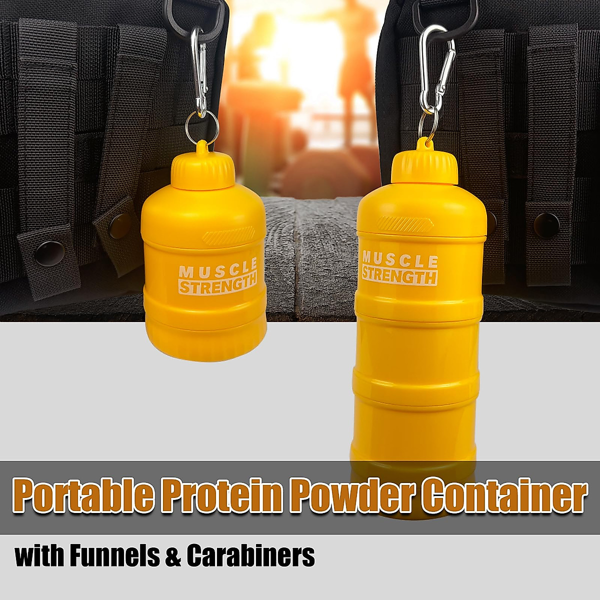 Stackable Protein Powder Travel Container with Carabiners & Funnels, Portable Protein Powder Container to Go, Protein Powder Funnel Set, Travel Protein Powder Containers for Fitness, Travel (YELLOW)