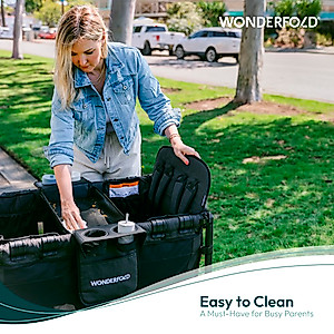 WONDERFOLD Double Sided Stroller Tray for Snacks & Activities Featuring Faux Leather Side for Eating, Polyester Side for Activities, and 4 Kid’s Cup Holders (W4 Series)