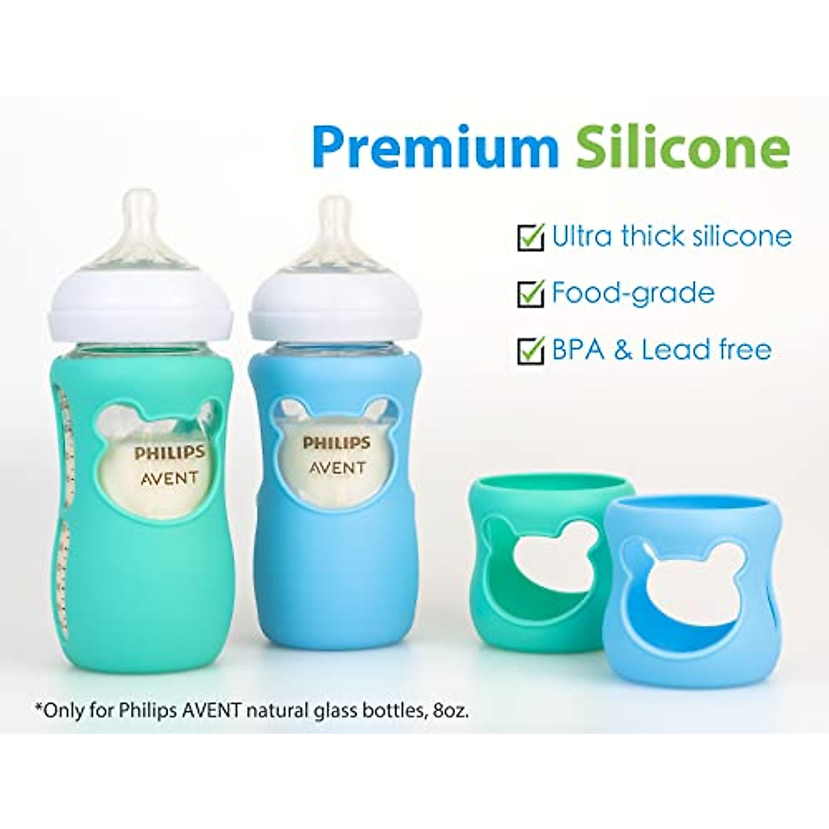 100% Silicone Baby Bottle Sleeves for Philips Avent Natural Glass Baby Bottles, Premium Food Grade Silicone Bottle Cover, Cute Bear Design, 8oz, Pack of 2 (Blue and Turquoise)