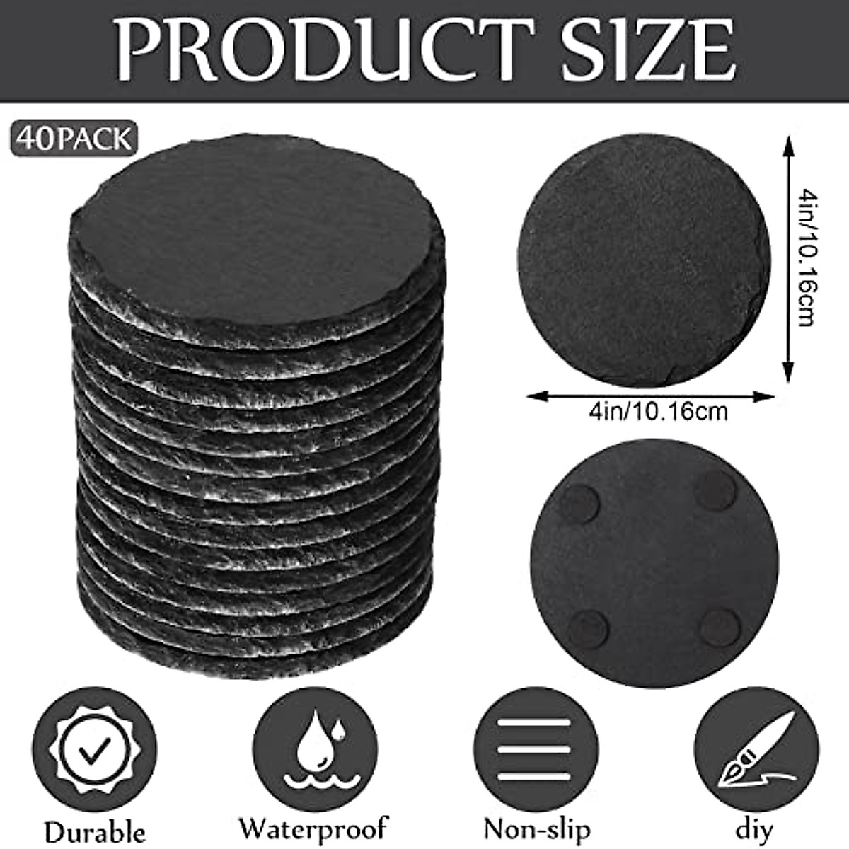 40 Pieces Round Slate Coasters Bulk, 4 x 4 Inch Black Stone Coasters Drink Coasters Bar Coasters Cup Coaster with Anti Scratch Bottom for Drinks Table Kitchen Bar Home