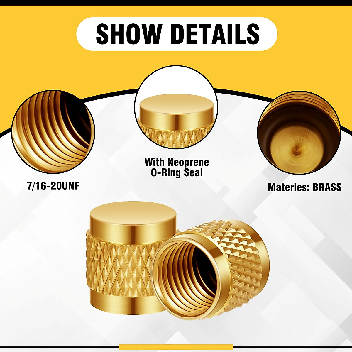 Yaocom 1/4 Flare Cap, Round Brass W/Neoprene O Ring Seal HVAC Valve Caps(50 Pcs)