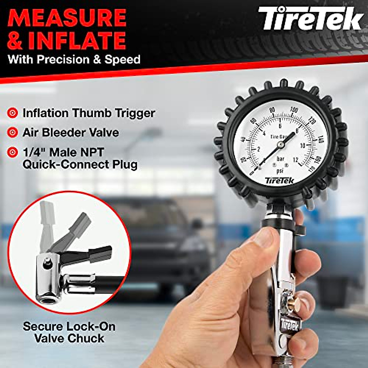 Tire Pressure Gauge with Inflator (170 PSI) - Air Pressure Gauge for Tires - Air Compressor Tire Inflator Attachment – Nozzle Tire Gauge Air Chuck
