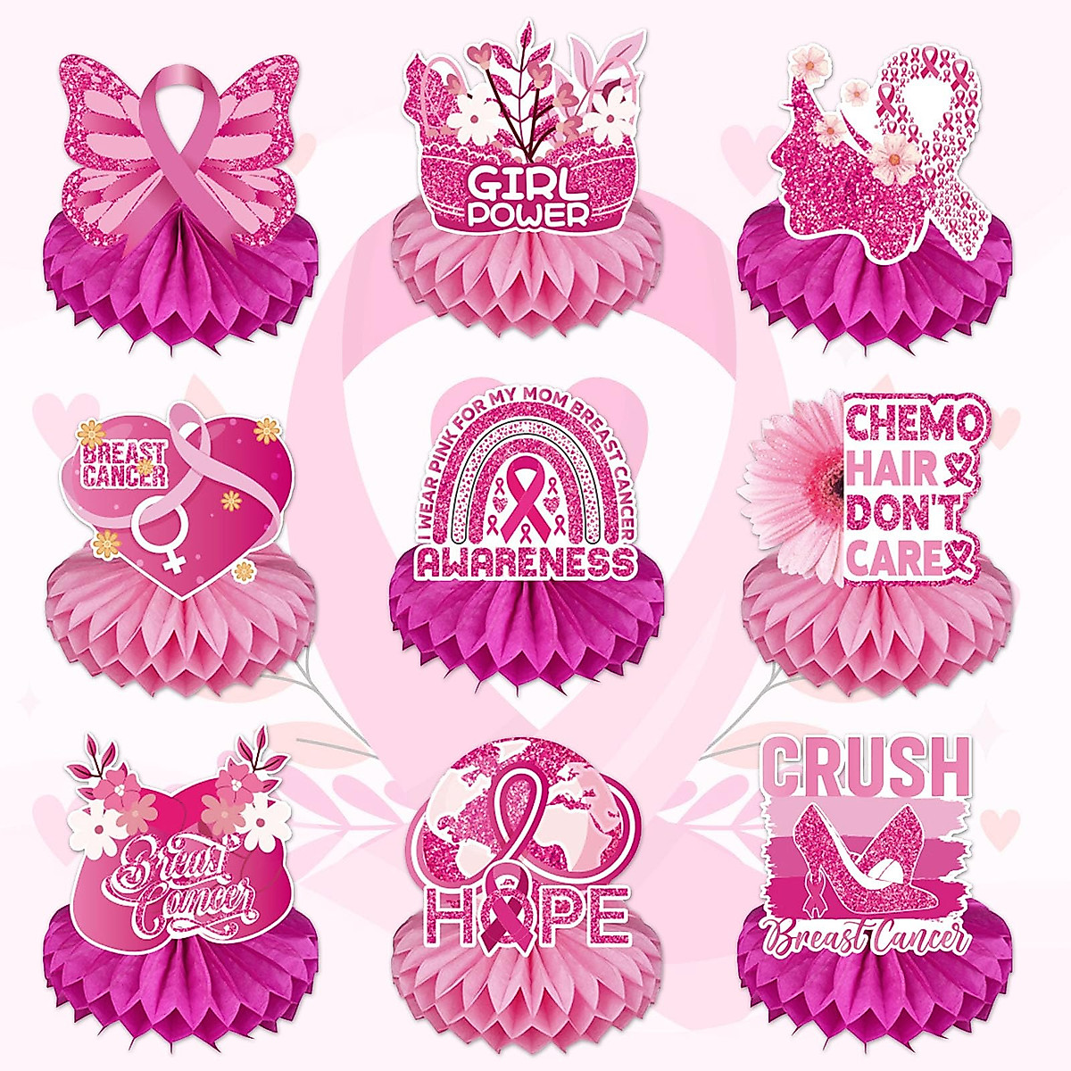 Glodecart 9PCS Breast Cancer Awareness Honeycomb Table Centerpiece for Home, Fight Cancer Theme Pink Ribbon Breast Cancer Table Topper Centerpiece Decorations for Table Decor Charity Party Supplies