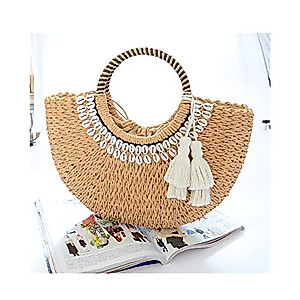 QTKJ Semi-circle Beach Rattan Straw Handbags with Tassels Pendant, Simple Retro Fashion Hand-woven Summer Beach Tote Straw Bag Purse with Sea Shell for Women