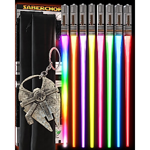 SaberChops Lightsaber Chopsticks Light Up Star Wars LED Reusable 8 Color Modes - 4 PAIRS FREE Millennium Falcon Keychain Bottle Opener Multicolor