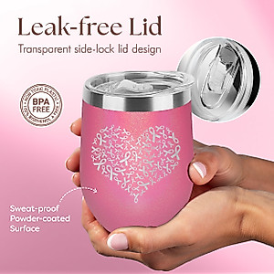 shop4ever Breast Cancer Awareness Pink Ribbon Heart Engraved Insulated Stainless Steel Wine Tumbler with Lid 12 oz. Gift for Her (Sparkly Pink)
