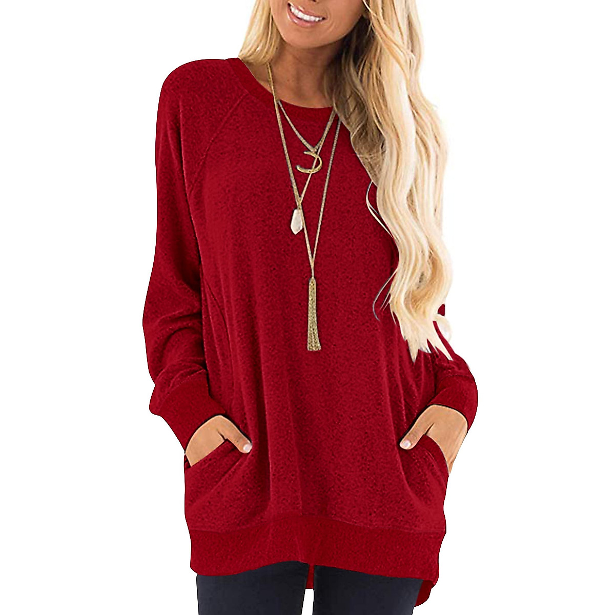 AUSELILY Womens Long Sleeve Tunic Tops Casual Loose Fit Sweatshirts Round Neck Pullover Blouse Sweatshirts with Pocket Ruby XL