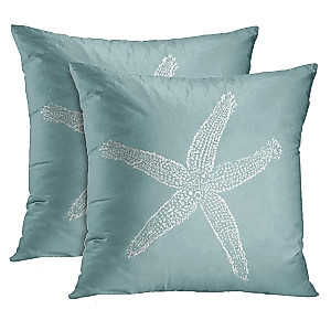 Emvency Set of 2 Throw Pillow Cover Green Star Vintage Starfish Pastel Seafoam Blue Fish Decorative Pillow Case Home Decor Square 18 x 18 Inch Pillowcase