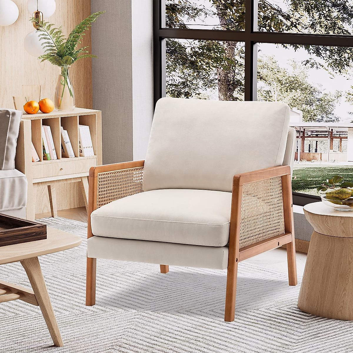 Alunaune Ivory Accent Chair Natural Rattan Armchair Upholstered Living Room Chairs, Modern Slipper Club Chair Guest Reception Couch Comfy Single Sofa for Reading Bedroom