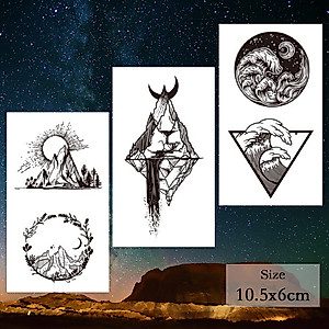 Hotoyannia 62 Sheets Mountain Temporary Tattoos Stickers, Including Fake Tattoos Waterproof Black Geometry Sun Star Moon Tree Triangle Sea Wave Semi Permanent Tattoos for Adult and Kids