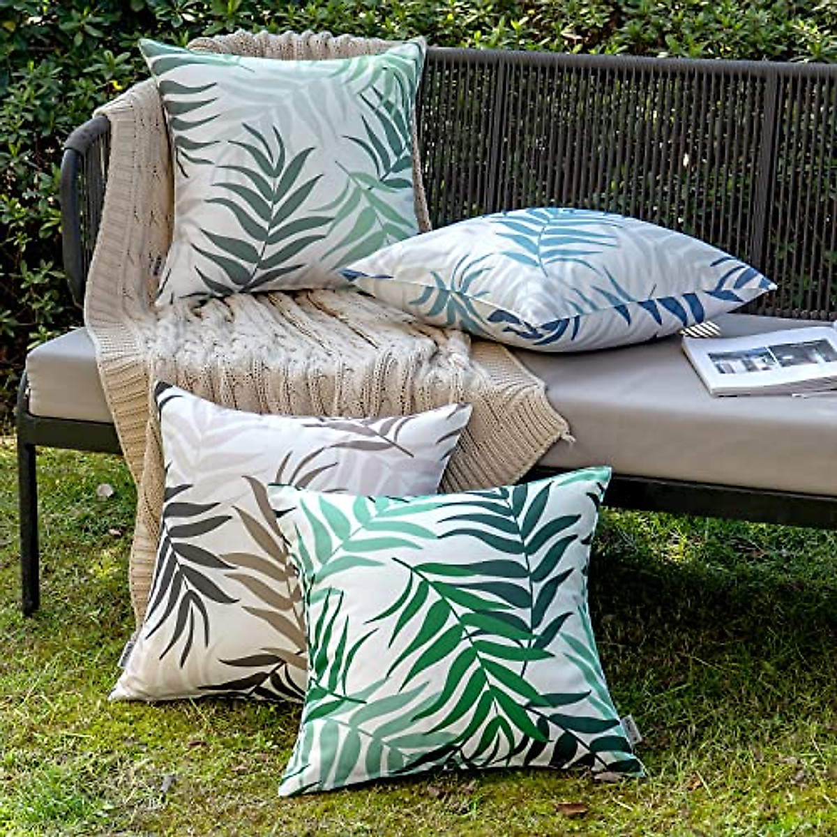 MIULEE Pack of 2 Decorative Outdoor Waterproof Throw Pillow Covers Spring Patio Pillow Cases Natural Leaves Pattern Square Cushion Shams Shell for Garden Balcony Couch 18x18 Inch, Dark Green