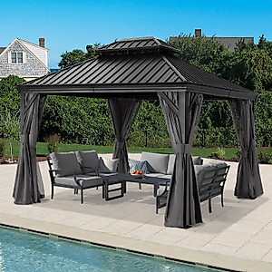 ABCCANOPY Hardtop Gazebo 10x12 - Outdoor Metal Hard Top Gazebo, Permanent Galvanized Steel Aluminum Framed Pavilion with Netting and Curtain for Patio Backyard Lawn Garden (Double Roof, Gray)