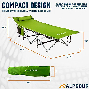 Alpcour Folding Camping Cot – Deluxe Collapsible Single Person Bed in a Bag w/Pillow for Indoor & Outdoor Use – Ultra Lightweight, Comfortable, Heavy Duty Design Holds Adults & Kids Up to 300 Lbs