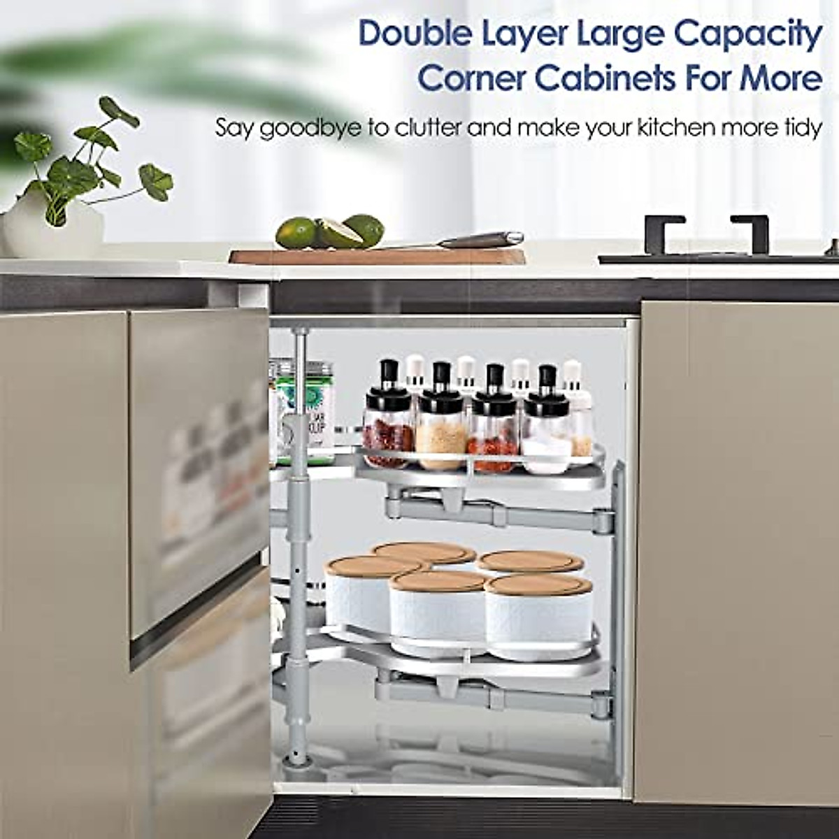 LIVOSA Magic Corner Kitchen Cabinet Pull Out Organizer with 2 Non-slip Tiers Swing Tray and Soft Close for 36" Cabinets, Right Handed Open, Grey