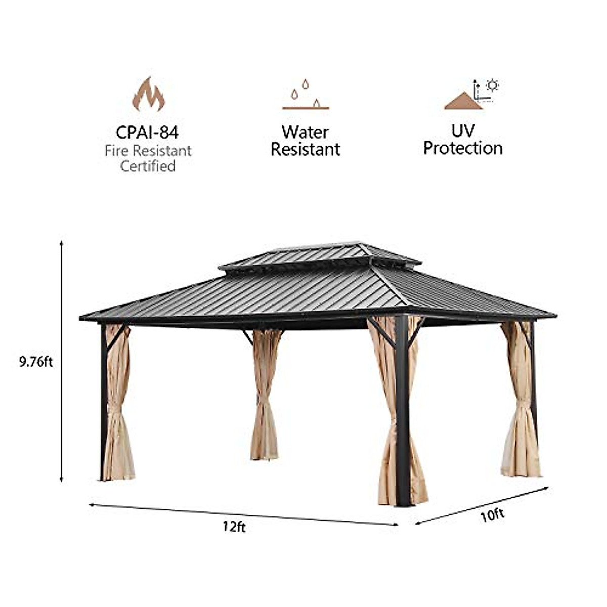Outdoor Patio Hardtop Gazebo with Netting,Galvanized Steel Double Roof Canopy Gazebo,Aluminum Frame for Patio,Garden,Backyard,Lawn and Deck,Black(10x12ft)
