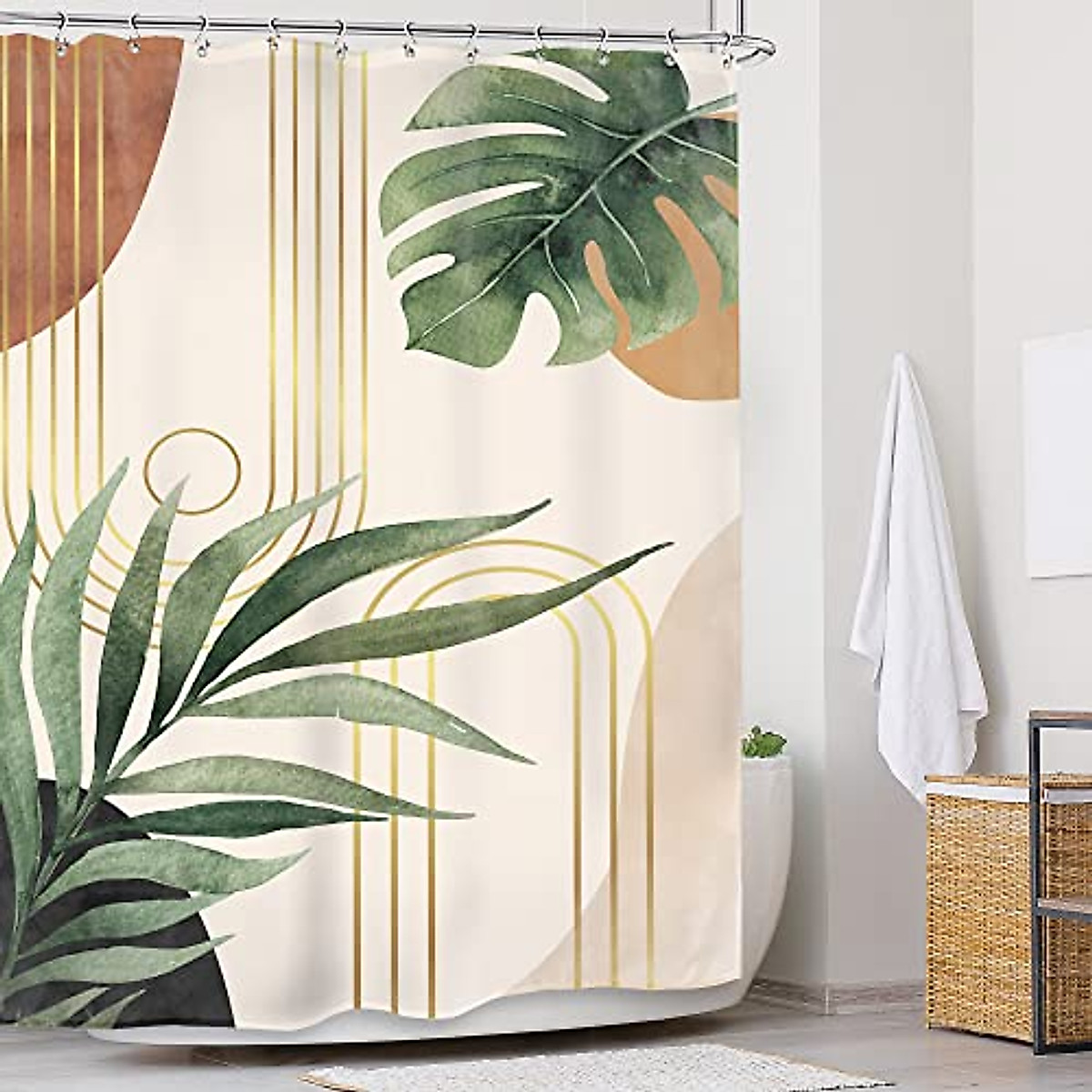 Glawry Single Standing Mid Century Shower Curtain 54Wx78L Inches Stall Narrow Tropical Boho Palm Leaf Abstract Botanical Plant Green Minimalist Bath Accessories Art Home Decor Fabric 12 Pack Hooks