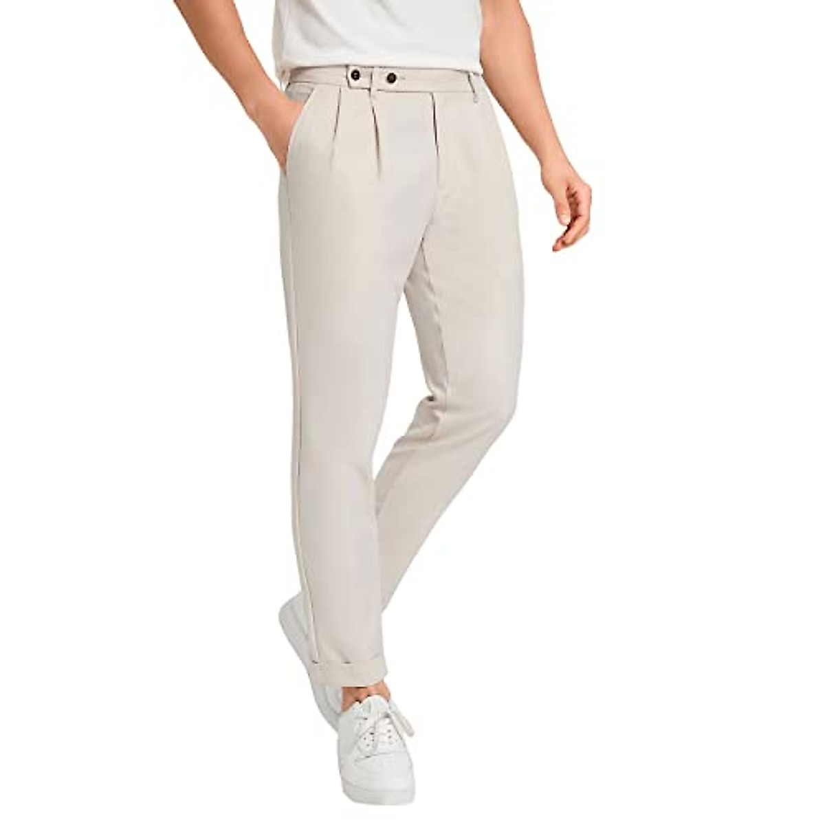 SweatyRocks Men's Zip Fly Pleated Tailored Pants Work Office Business Trousers with Pockets Apricot L