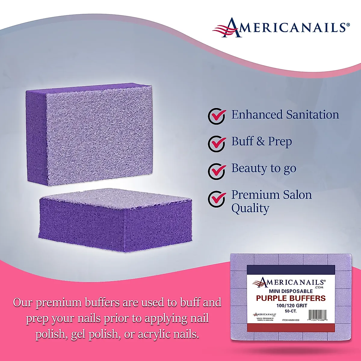 Americanails Mini Purple Buffers - (100/120 Grit) - Professional Salon Quality Buffing Blocks for Nails - Buff Nails Prior to Application of Polish, Gel Polish, Gel, Acrylic, Double-Sided, 50 Ct