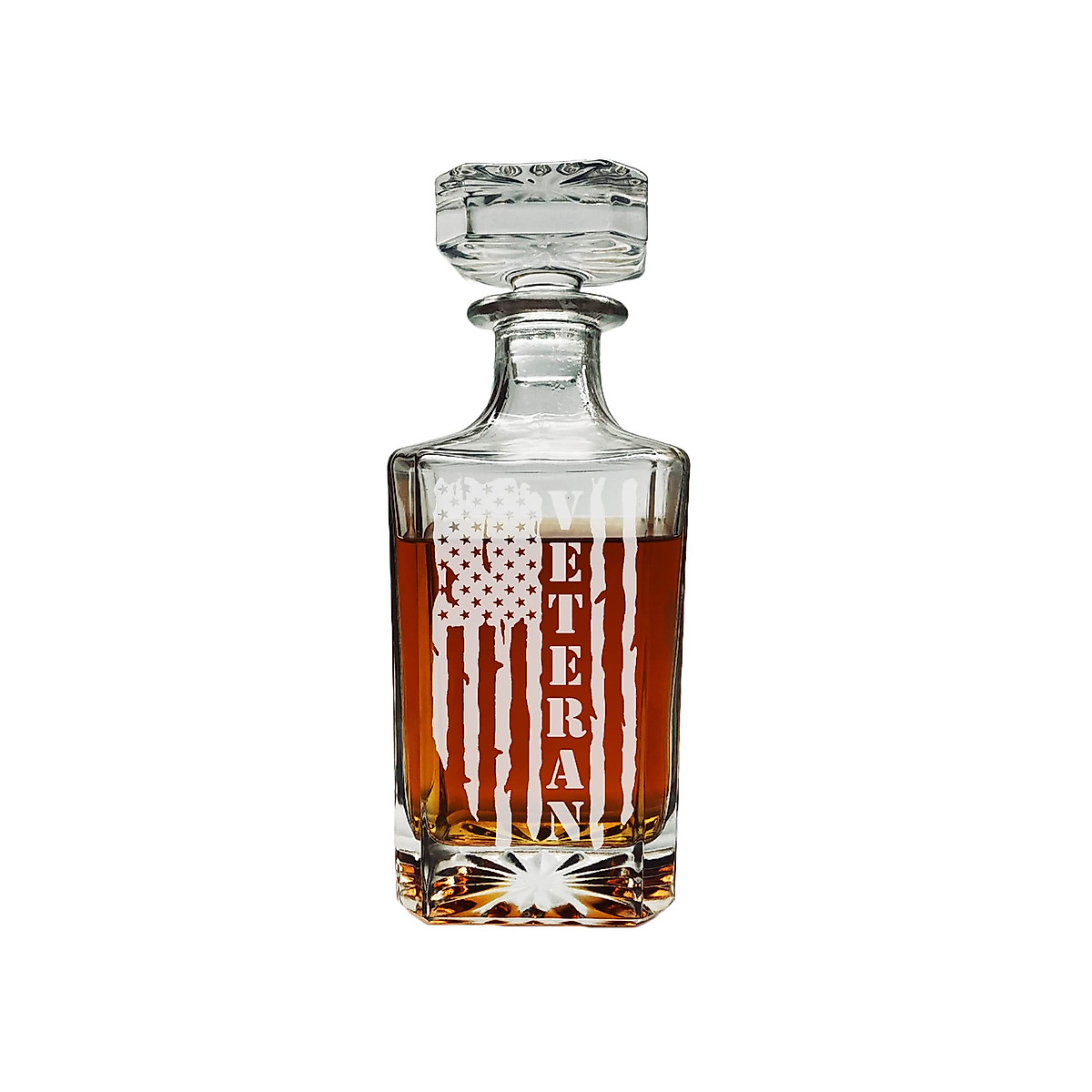 Veteran American Tattered Flag USA Patriotic Whiskey Decanter With Glass Stopper Custom Gift For Men Dad Veteran Father's Day