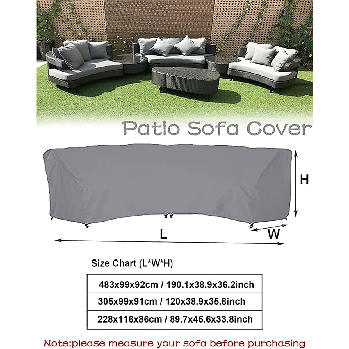 UCARE Curved Sofa Cover Outdoor Couch Sectional Protector Waterproof Half Moon Sofa Set Cover with Windproof Elastic Cord for Garden Lawn Indoor Grey (89.7x45.6x33.8in/228x116x86cm)