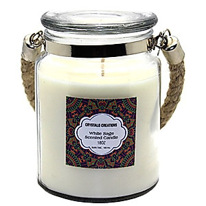 Crystalo Creations White Sage Scented Candle with Rope Handle, 18 Ounce