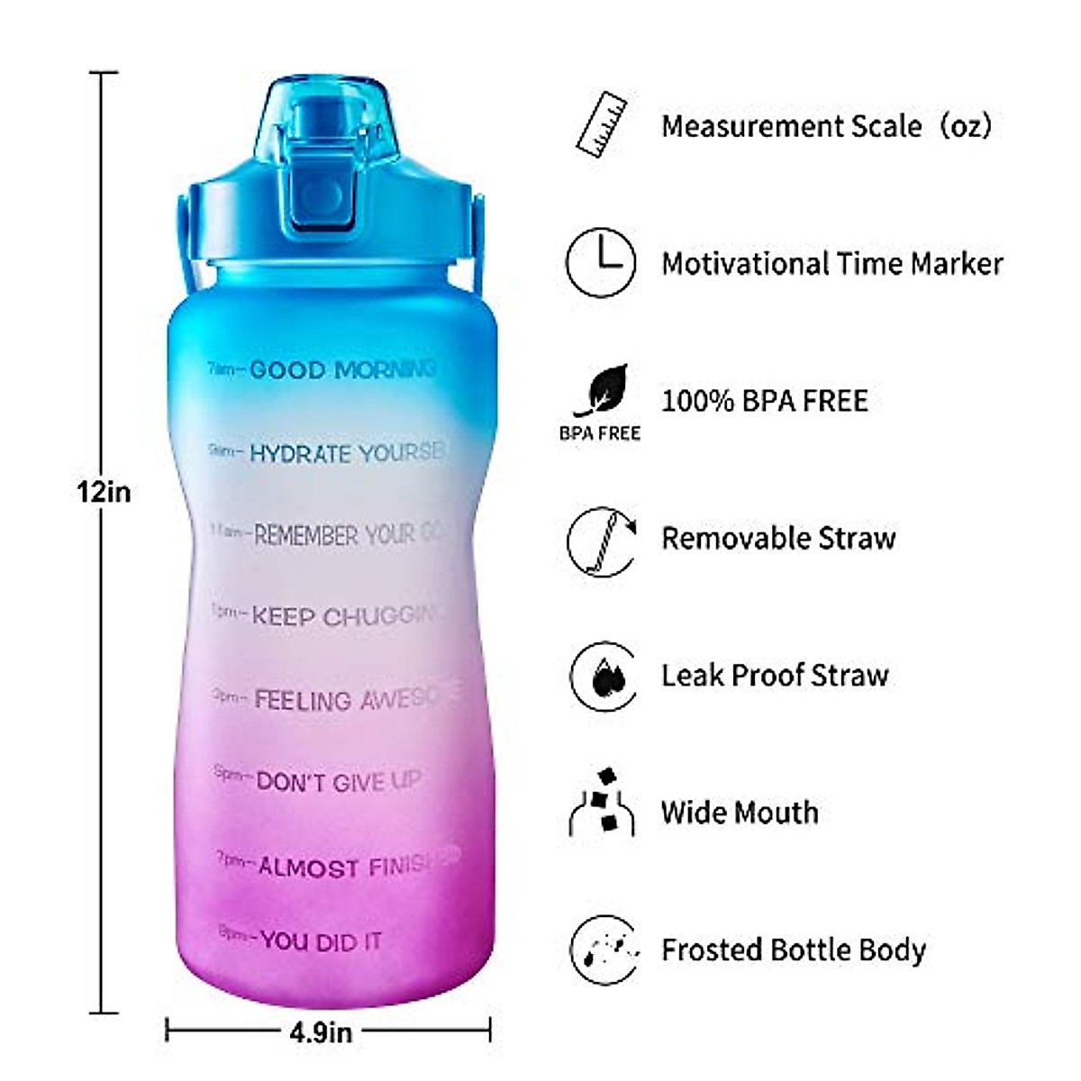 EYQ Half Gallon/64 oz Water Bottle with Time Marker, Carry Strap and Motivational Quote, Leak-Proof Tritan BPA-Free, Ensure You Drink Enough Water for Fitness, Gym, Camp, Sports(Green/Purple Gradient)