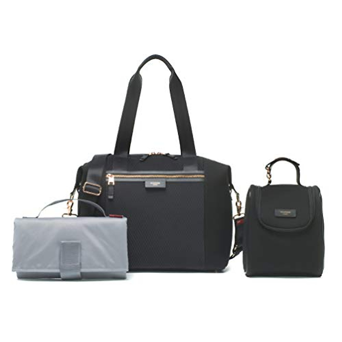 Stevie Luxe Scuba Black Modern Style Baby Diaper Bag by Storksak | Water-Resistant, Large Capacity Multi-Functional Bag with Smooth Leather Trim and Rose Gold Hardware | Shoulder and Stroller Straps