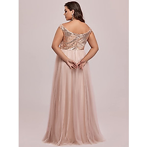 Ever-Pretty Women's Cap Sleeve Sequin Plus Size A-line Tulle Wedding Party Dress Long Rose Gold US24