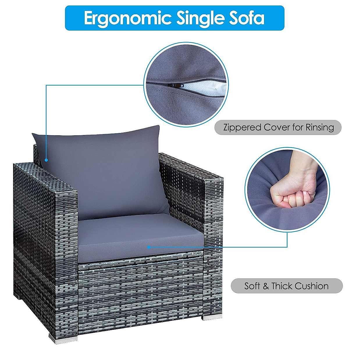 RELAX4LIFE 3-Piece Outdoor Furniture Set - All Weather PE Rattan Sofa Couch Set w/Thick Cushions & Tempered Glass Coffee Table, Patio Conversation Set for Lawn Yard Poolside (Grey)