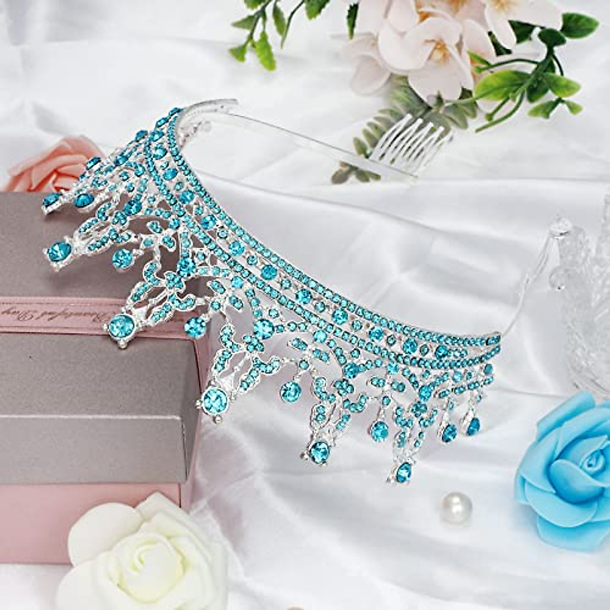 Makone Silver Lake Blue Tiara for Girls, Crown with Comb for Women Birthday Bridal Wedding Prom Halloween Costume Christmas Party