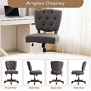 HUIMO Upholstered Swivel Desk Chair Chenille Tufted Fabric Home Office Chair with Wheels Adjustable Height Classic Task Chair with Wooden Legs Comfortable Armless Chair for Studio Study (Grey)