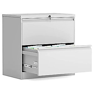Aobabo 2 Drawer Lateral File Cabinet with Lock, White 28.25'' W Letter/Legal A4 Size Metal Storage Cabinet,Locking File Cabinet for Office,Folding Type Screwless Design,Assembly Required
