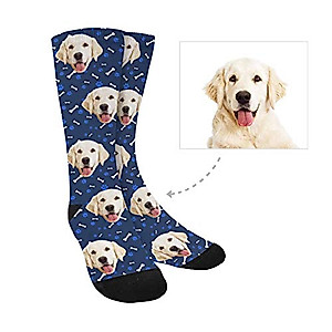 Custom Print Your Photo Pet Face Socks, Personalized Cat and Dog Tracks Paws Bones Navy Blue Crew Socks with Faces for Men Women